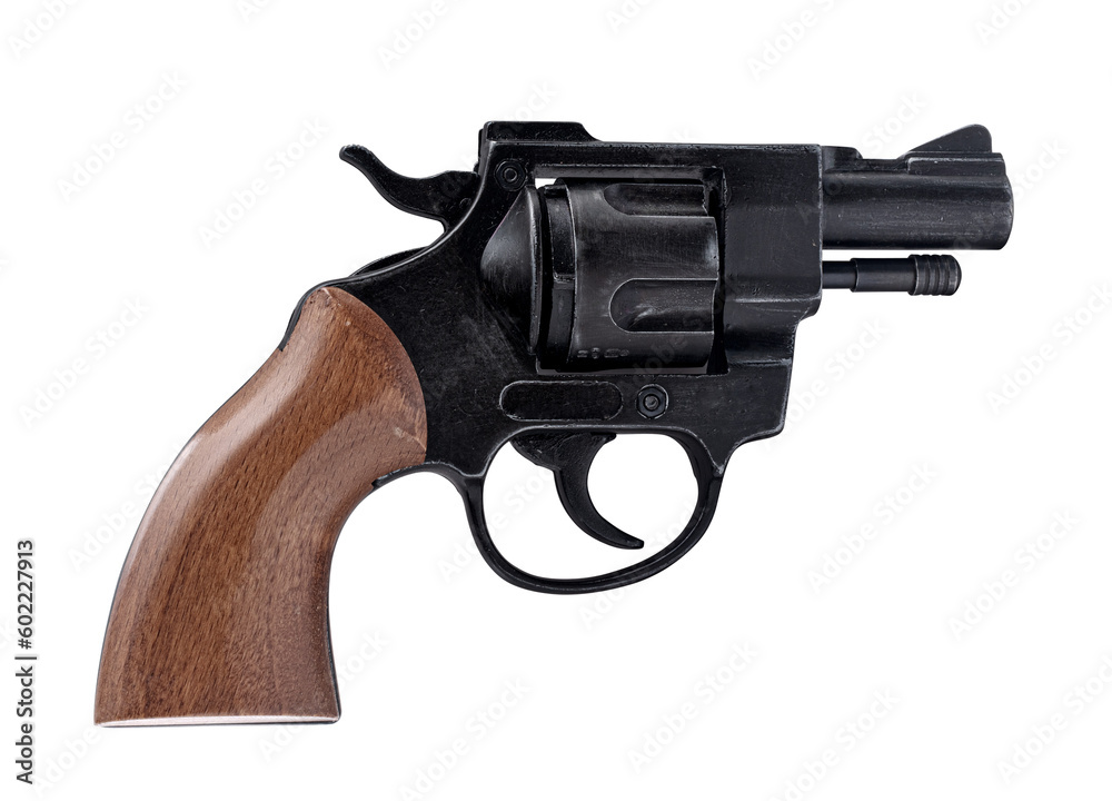 Five shot 38 caliber single action revolver handgun isolated on white ...