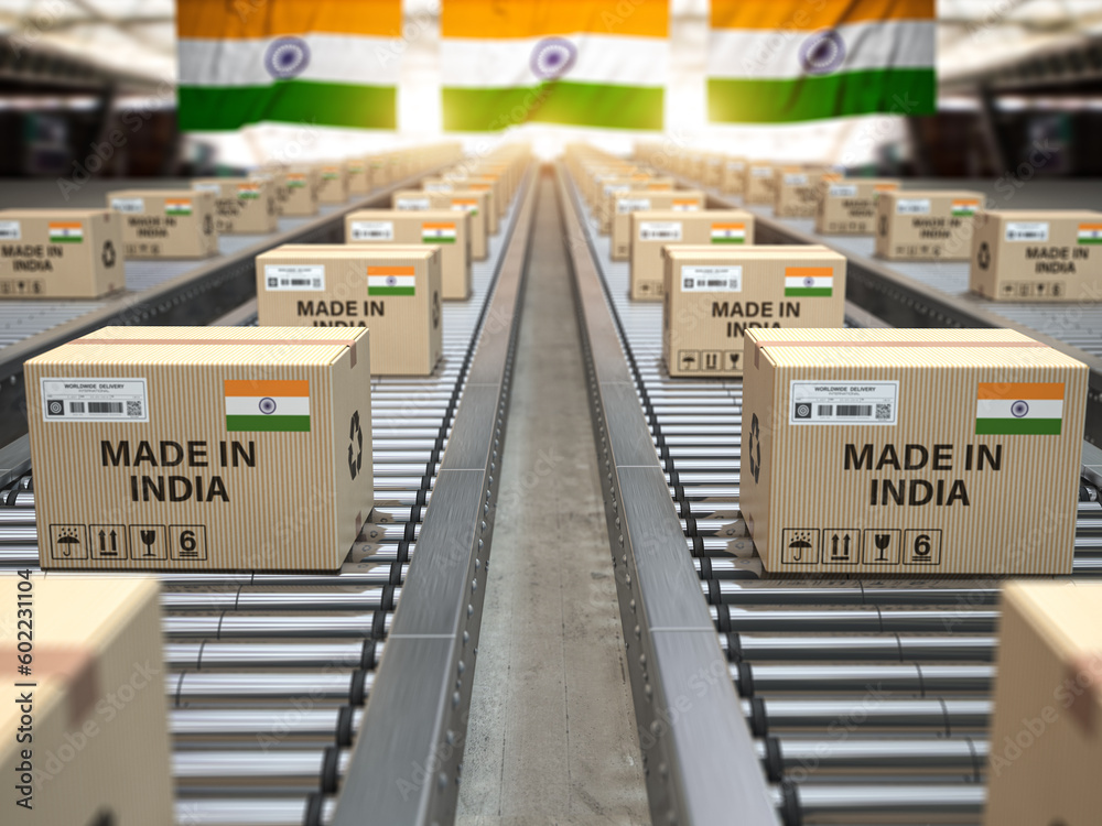 Made in India. Cardboard boxes with text made in India and indian flag ...