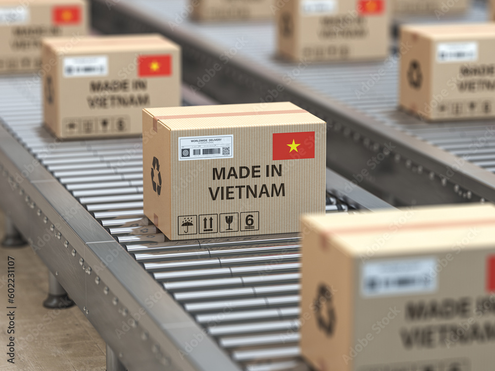 Made in Vietnam. Cardboard boxes with text made in Vietnam and ...