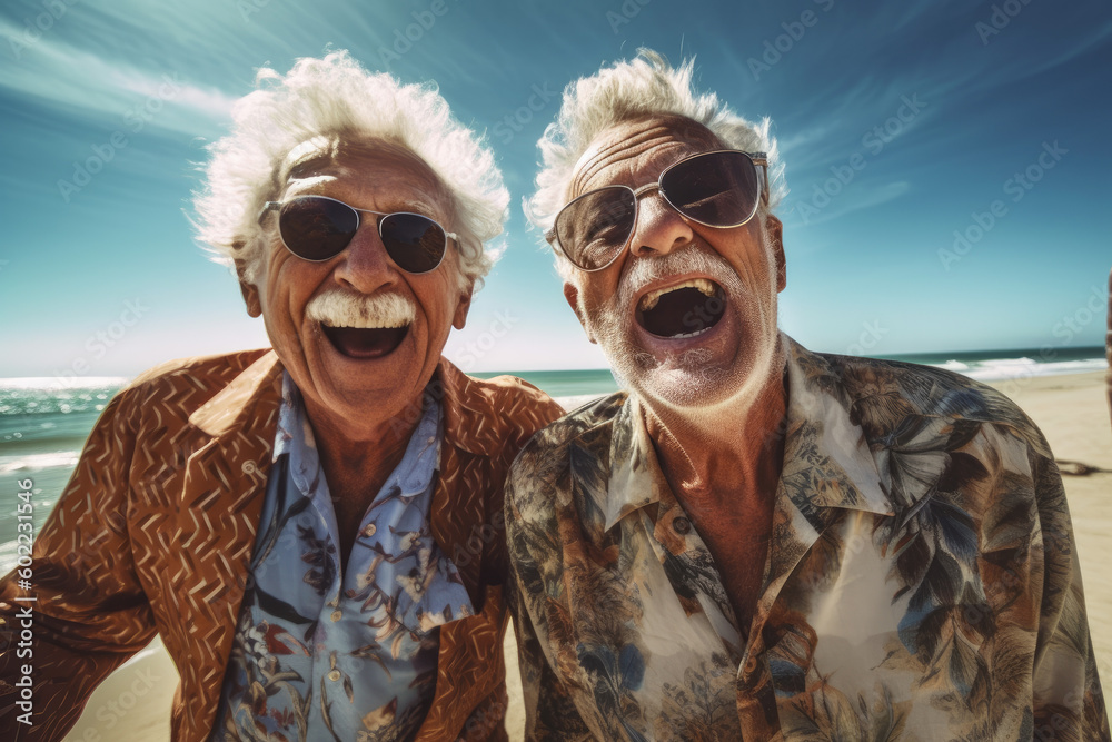 Two Old Men Friends Having Fun Happy At The Beach Generative Ai Illustration Stock