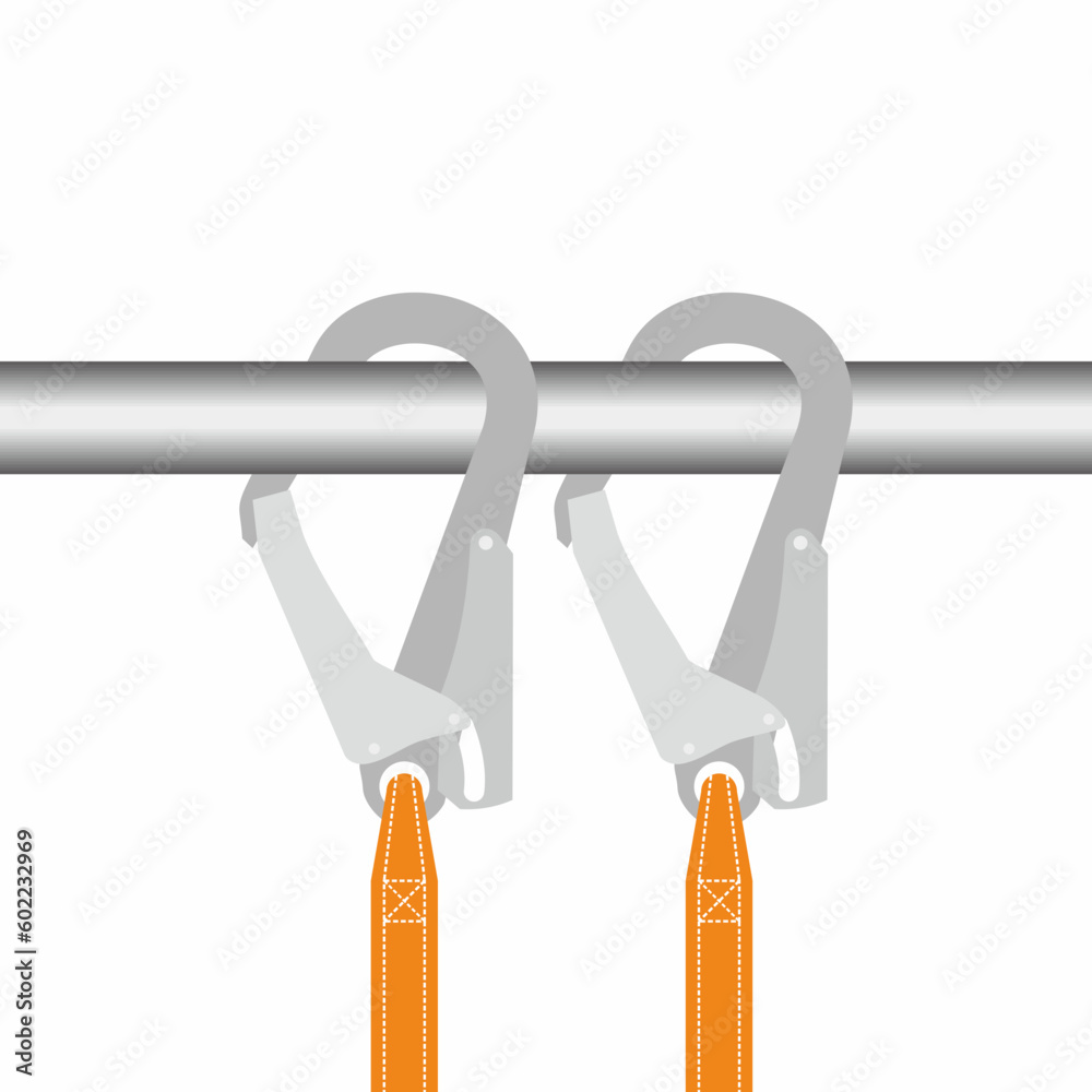 Isolated double hook of safety harness hooked on the railing vector ...