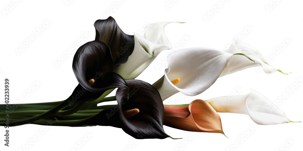 Callas flowers. Black, white and orange flowers for memorial or funeral ...