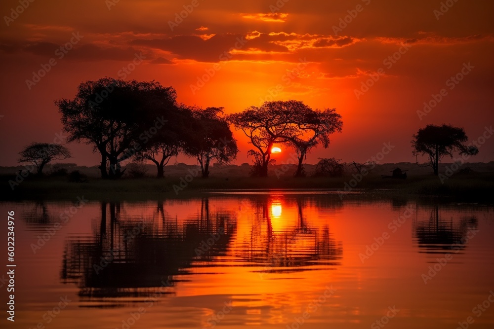 Stunning African Sunset with Silhouette of Acacia Trees Against Vibrant Sky with Calm Lake ...