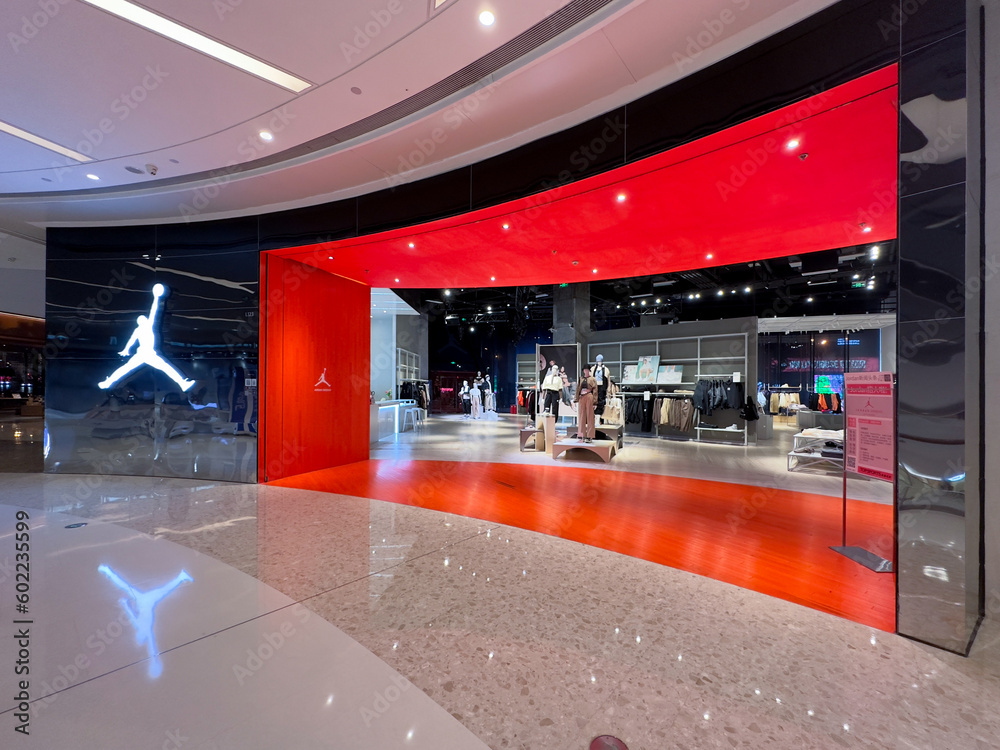 Qingdao-China- May 14,2023: Jordan store design and display, red facade ...