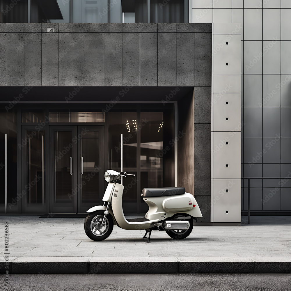 modern Honda cub on a Tokyo office street, by Le Corbusier, minimal ...