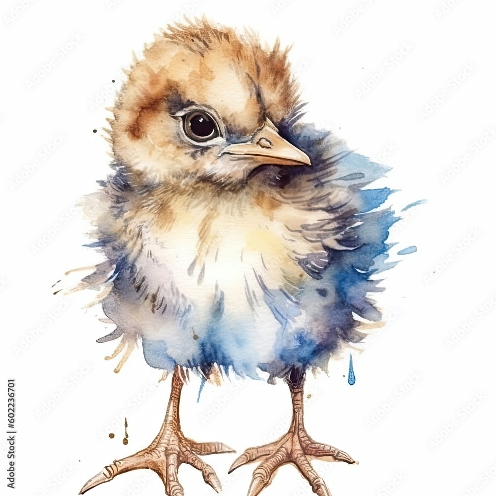 Baby Bird watercolor with ink outline on white background, high ...