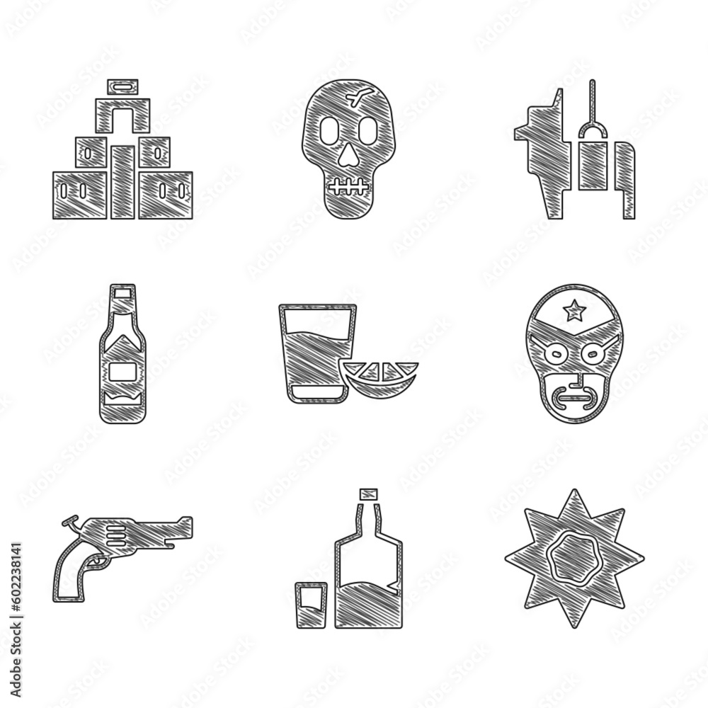 Set Tequila glass with lemon, bottle and, Sun, Mexican wrestler ...