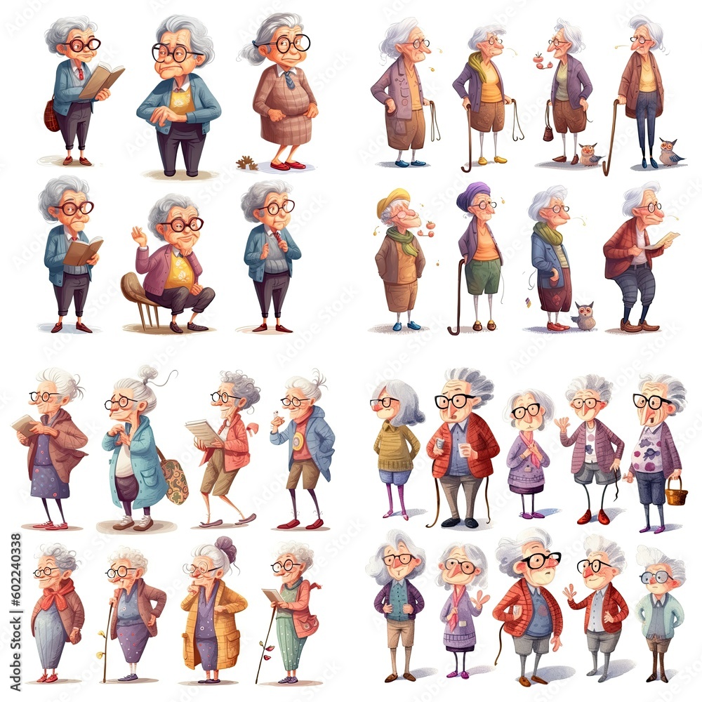 Old women character, multiple poses and expressions, collection ...