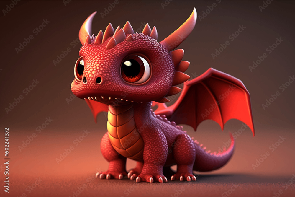 Super cute red little baby dragon with big eyes and wings. Fantasy ...