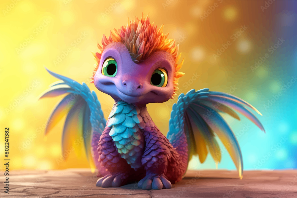 Super cute rainbow-colored little baby dragon with big eyes and wings ...