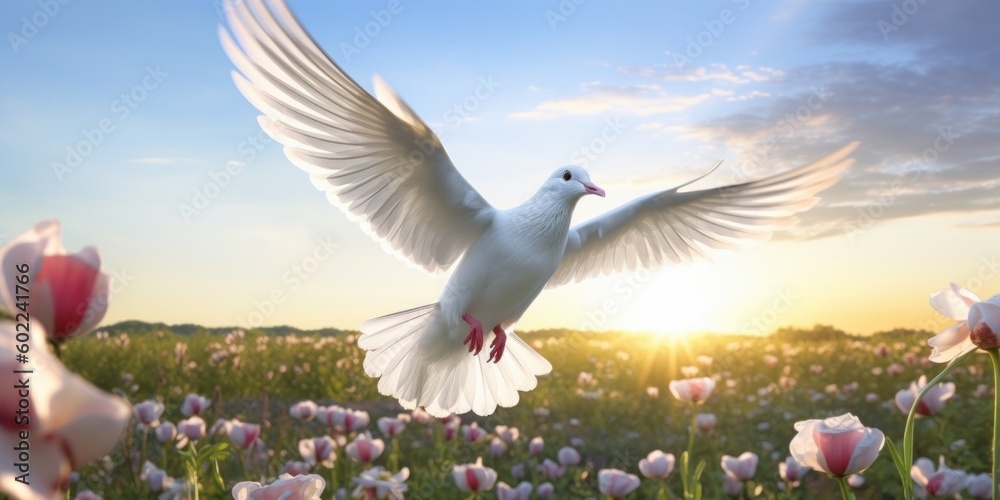 White Dove Flying on Flowers Field Background, Bird of Peace Symbol ...