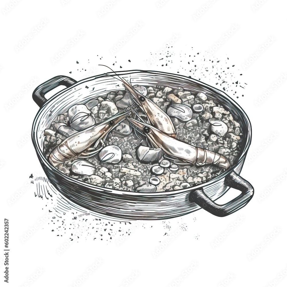 A hand drawn illustration of a Traditional Spanish Seafood Paella, a ...