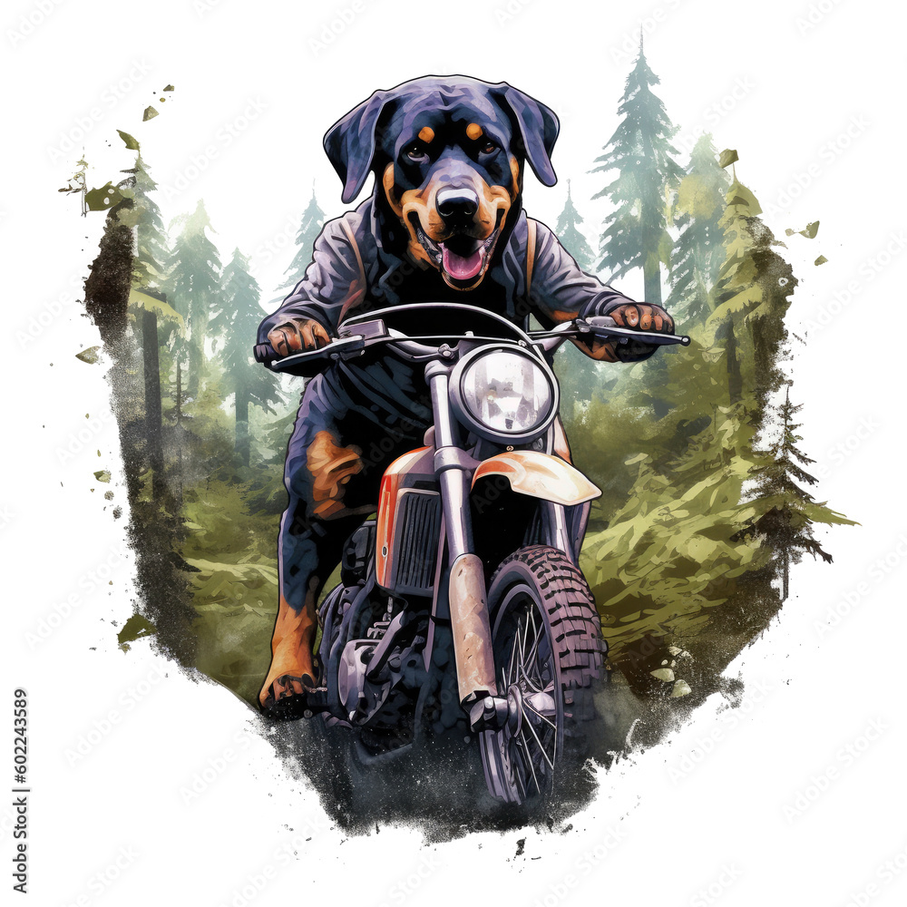 A fierce Rottweiler Dog, riding a dirt bike through a rugged and ...