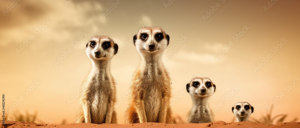 Charming photo-image of a family of meerkats standing alert. Background ...