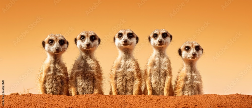 Charming photo-image of a family of meerkats standing alert. Background ...