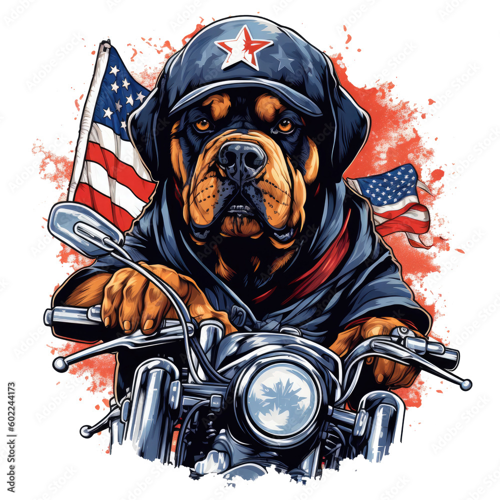 A patriotic t-shirt design featuring a Rottweiler Dog on a motorcycle ...