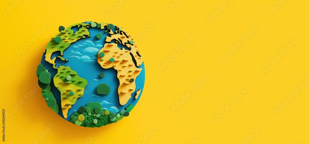 Eco friendly Earth in papercut style yellow background, Earth day and ...