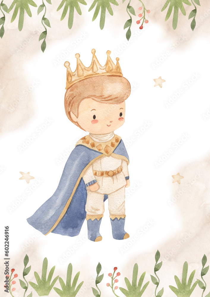 ภาพประกอบสต็อก watercolor prince template for nursery, baby shower ...