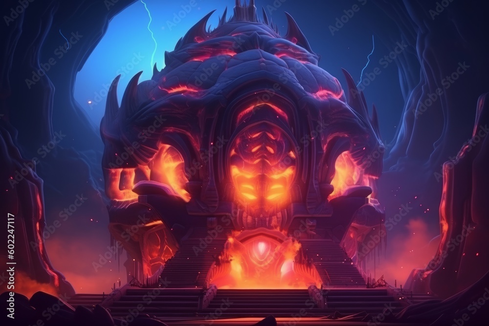 3D illustration of an alien temple with a mysterious object emitting ...