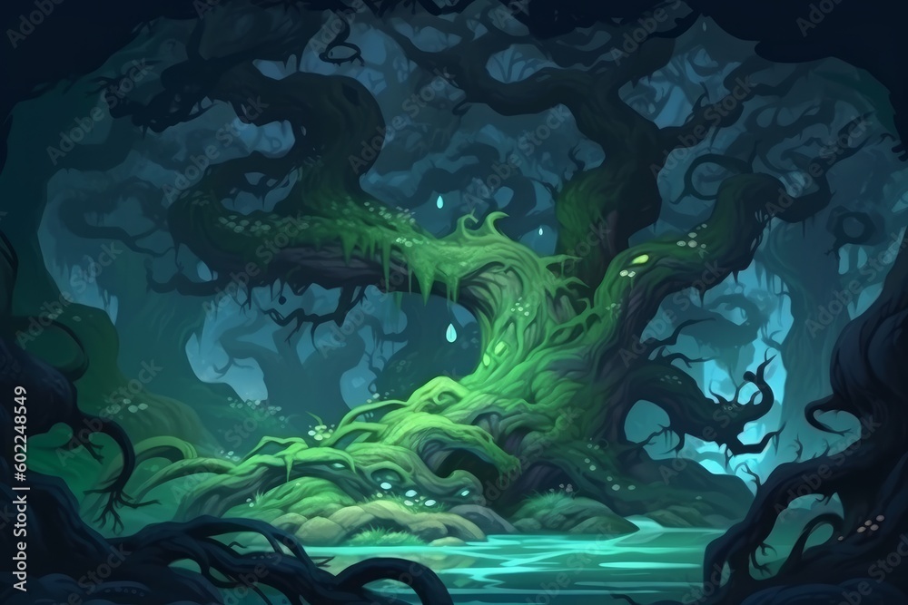 Digital fantasy painting of an evil oak tree in a magical forest with a ...