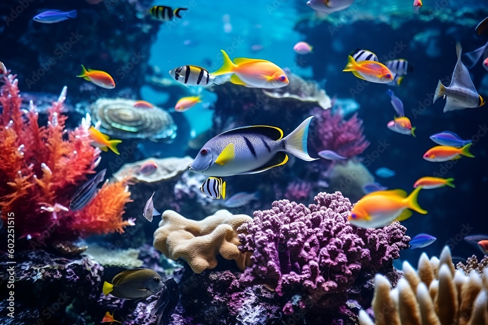 Tropical sea underwater fishes on coral reef. Aquarium oceanarium ...