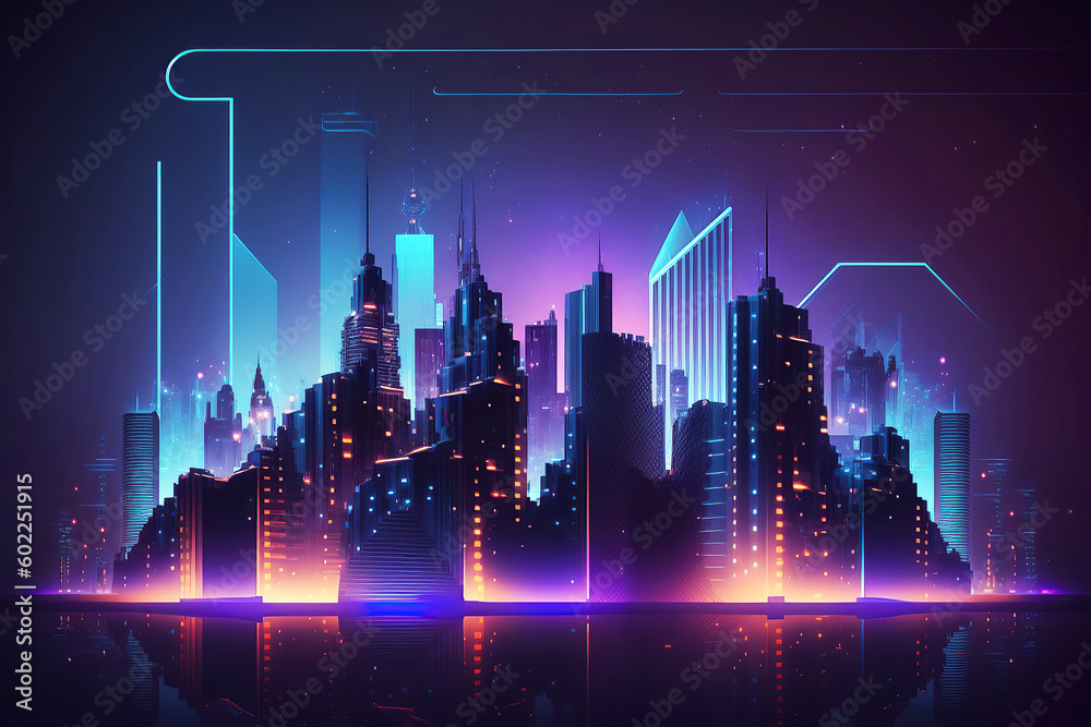 Cityscape with space and neon light effects. Modern hi-tech, science ...