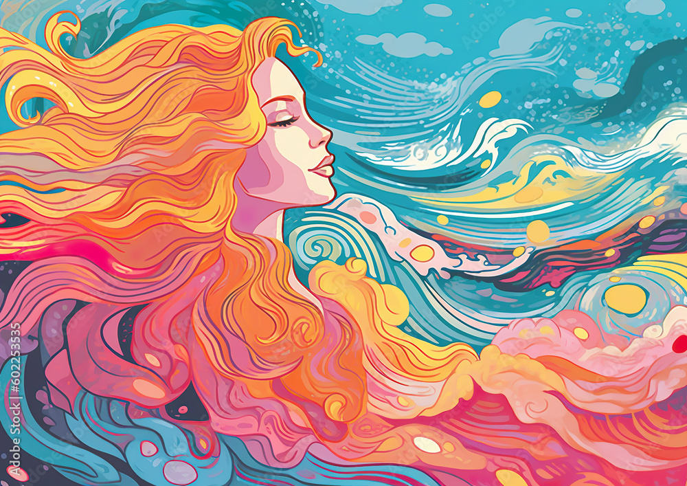 Sleeping girl with long hair dreaming in the waving clouds.Psychic ...