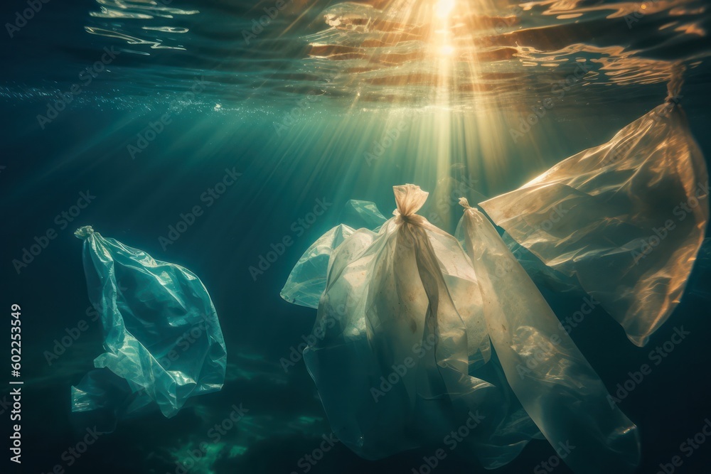 Toxic plastic waste floating underwater in the ocean. Generative AI ...