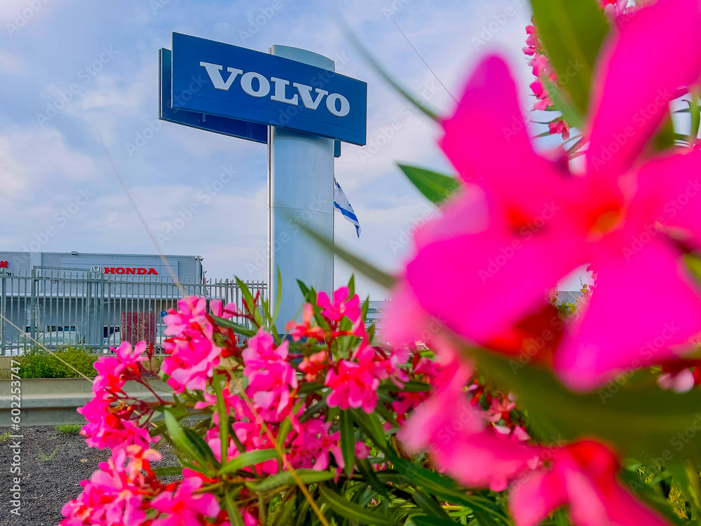 Haifa, Israel, May 12, 2023: Signboard Volvo company logo. Volvo in ...