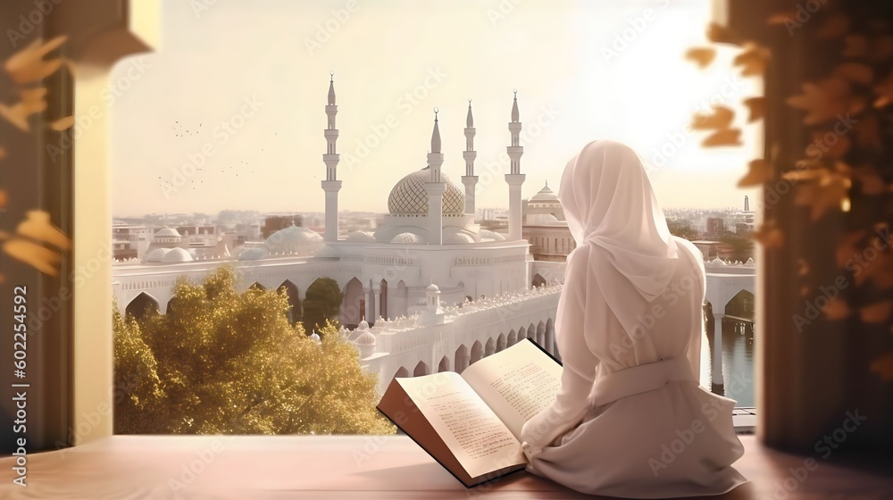 Muslim women sitting and holding Quran with view of mosque, background ...