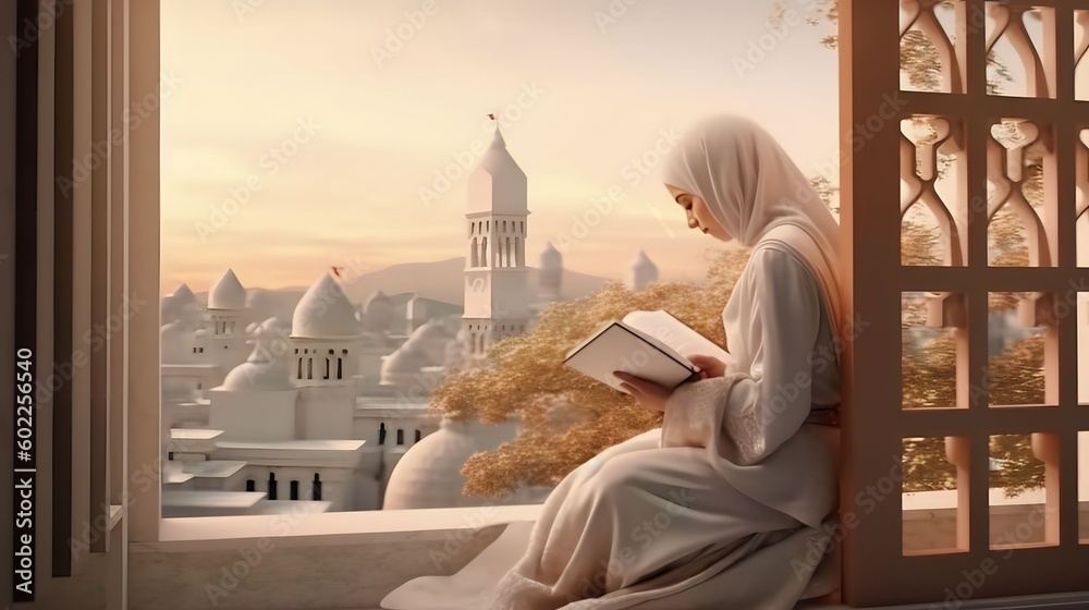 Muslim women sitting and holding Quran with view of mosque, background ...