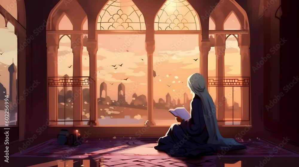 Muslim women sitting and holding Quran with view of mosque, background ...