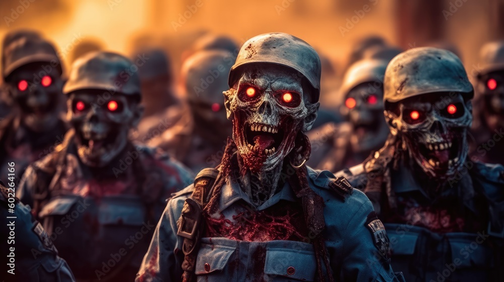 Army of sinister zombies soldiers with angry laughing on explosions ...