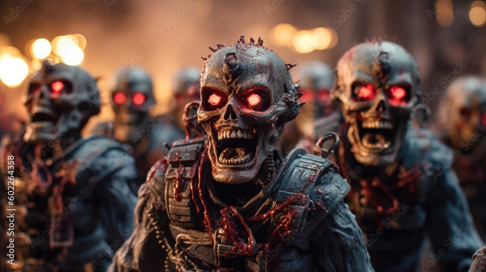 Army of sinister zombies soldiers with angry laughing on explosions ...