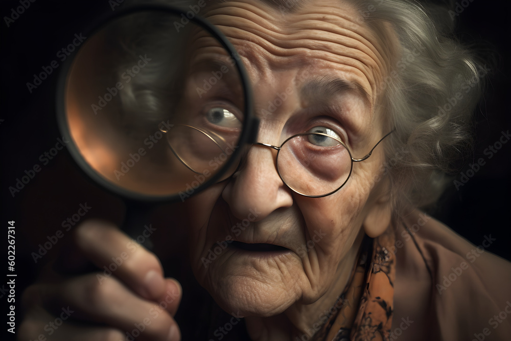 Funny old woman looking though a magnifying glass. Generative AI Stock ...