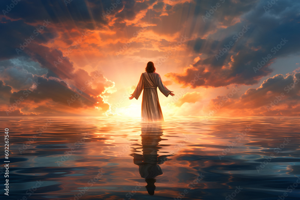 the figure of jesus walk on water on a beautiful dramatic sunset ...