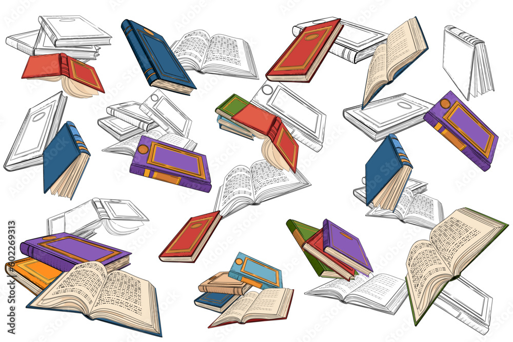 Different books falling from the top vector illustration on white ...