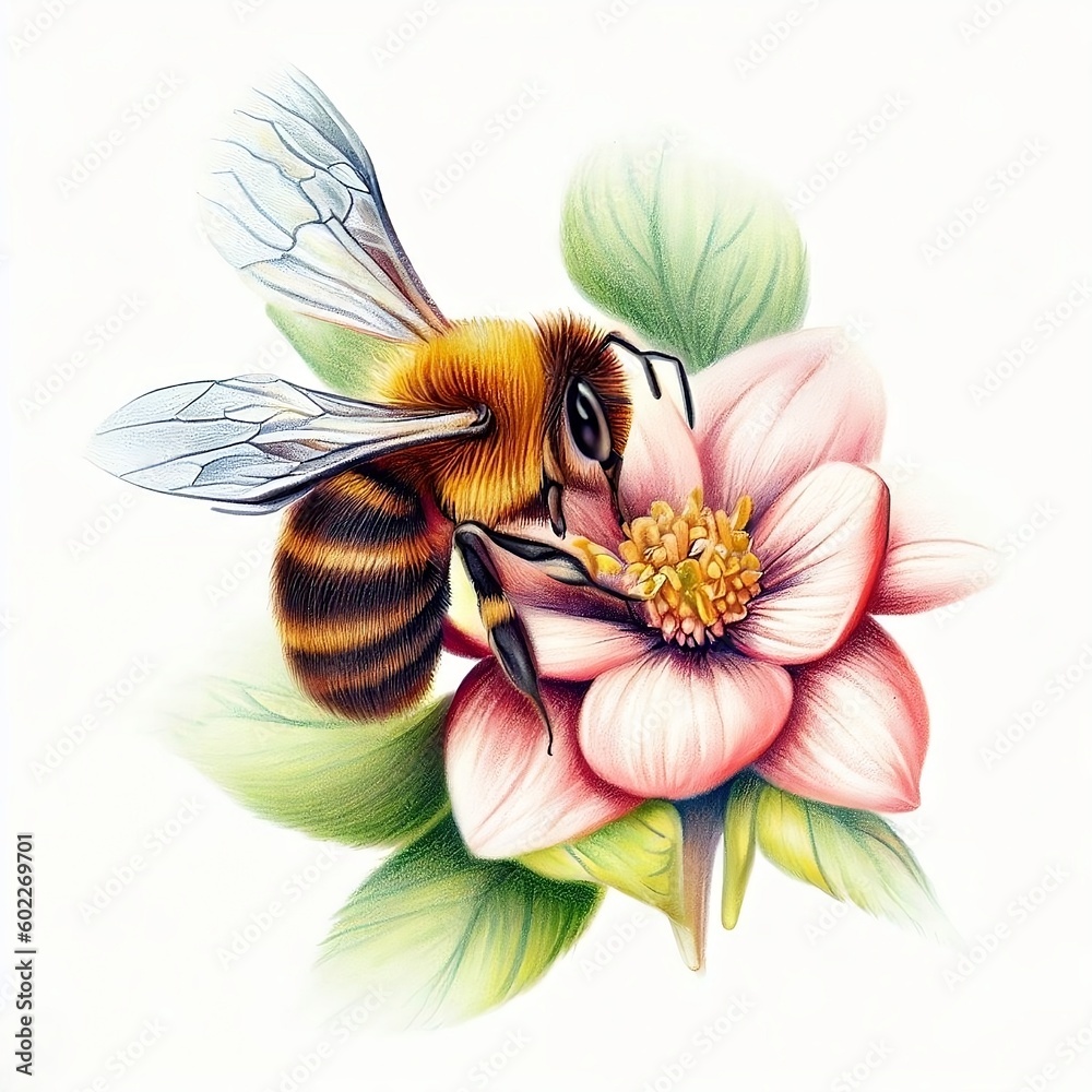bee on a flower colored pencil drawing illustration Generative AI Stock ...