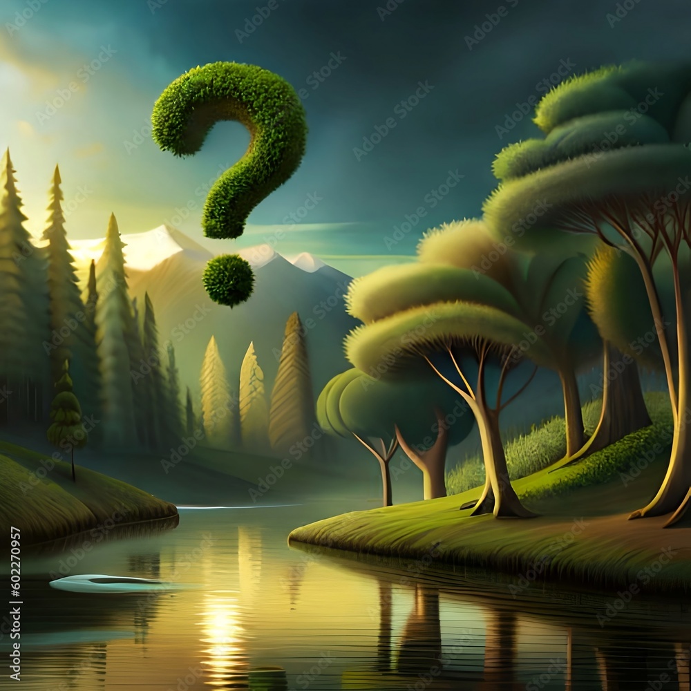 3D question mark set in the woods made from leaves and tree branches ...