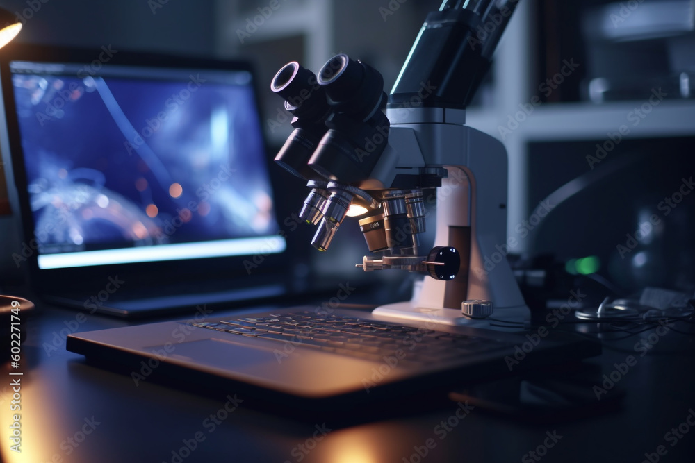 screen microscope and laptop setup for scientific research and analysis ...