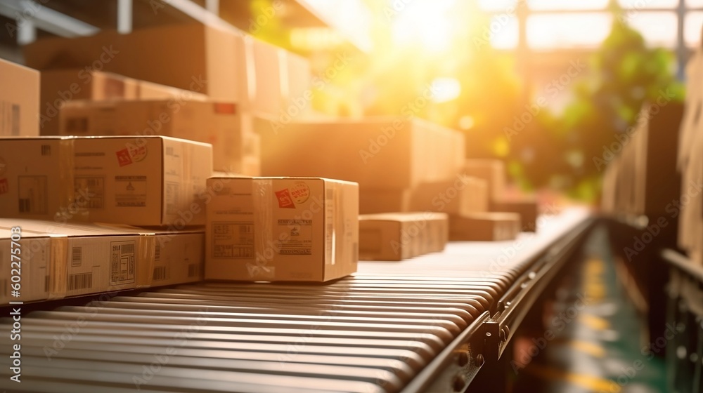 Cardboard boxes on conveyor belt being transported on conveyor belts in ...