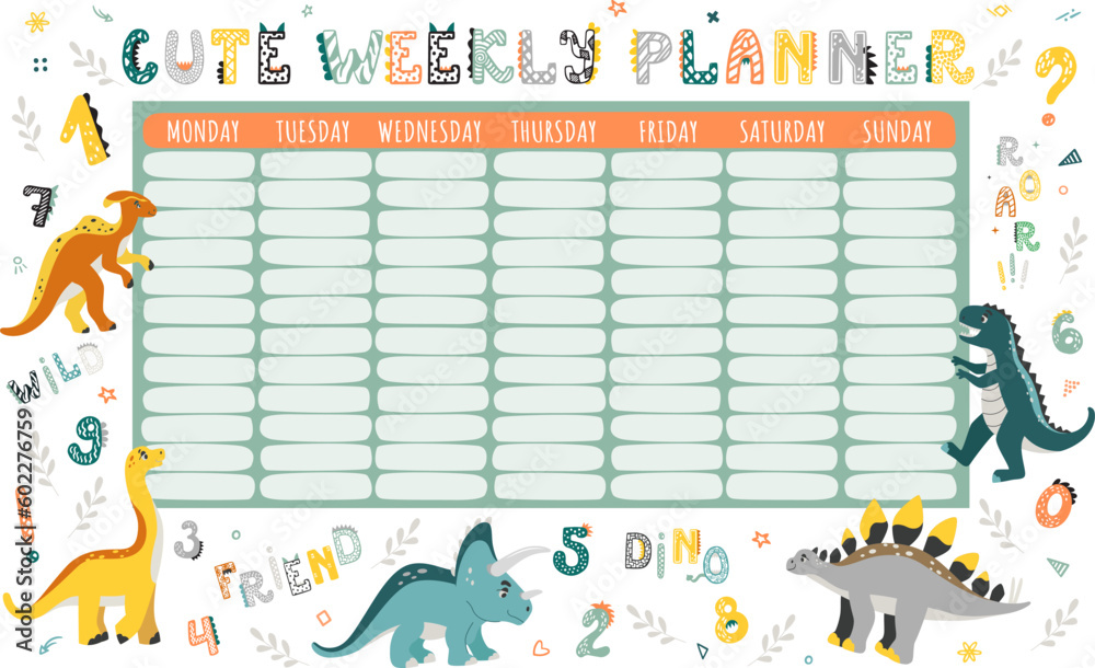 Cute dinosaurs stationery planner for a week and daily organizer for ...