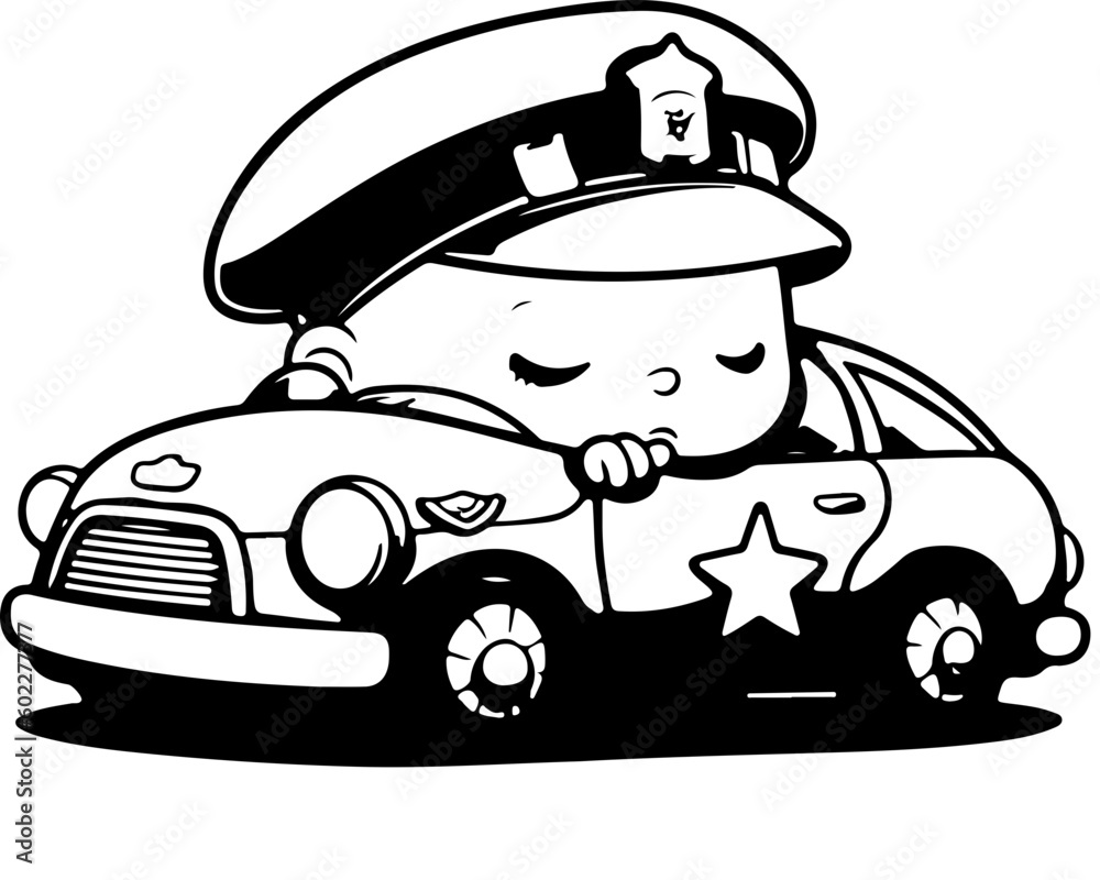 baby sleeping on a police car. black and white illustration in the ...