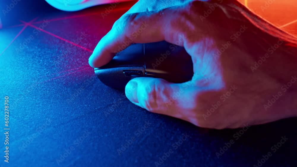 Cyber sport gamer play game. Male student click black computer mouse ...