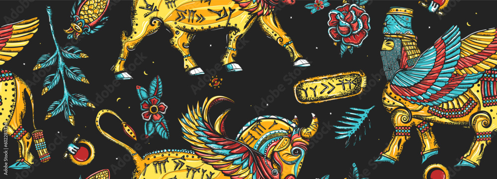 Mesopotamian goddess. Middle East history background. Vintage seamless ...