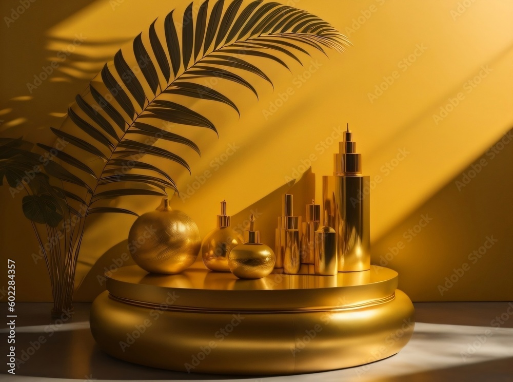 Shiny round podium in dappled sunlight with leaves shadow background ...
