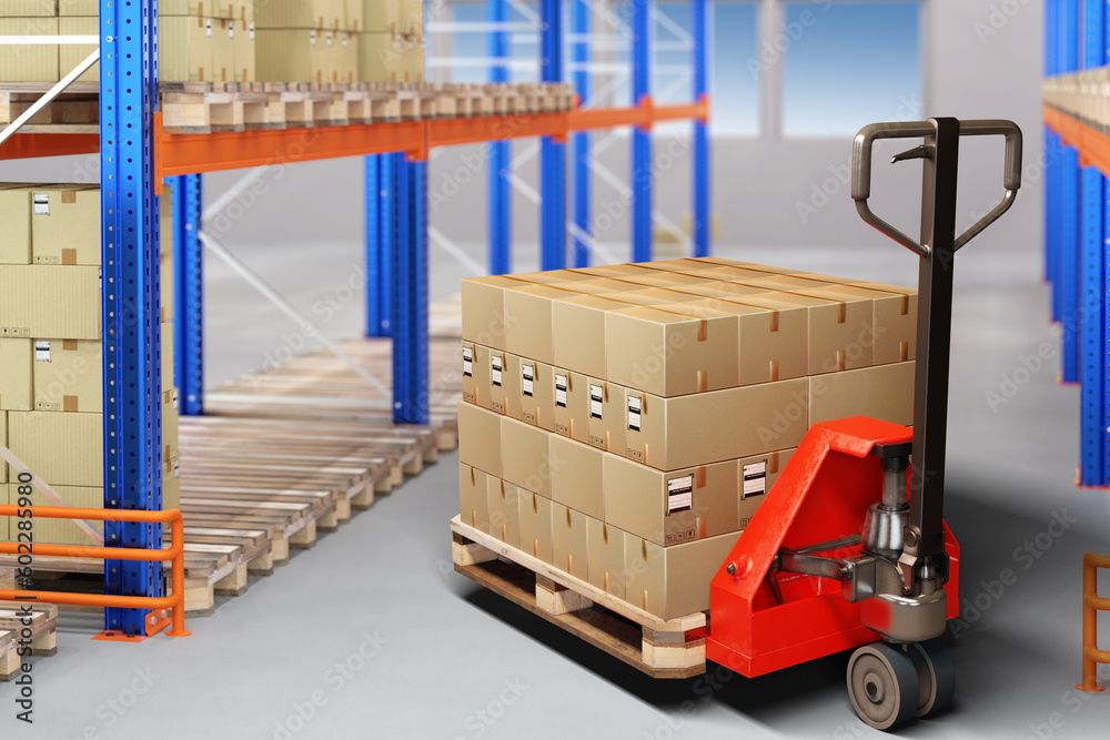 Warehouse interior. Pallet jack. Shelves with boxes. Parcels on ...