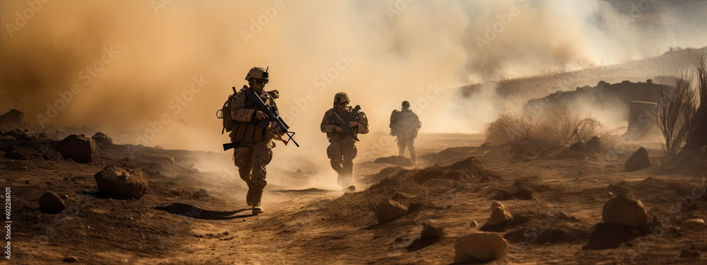 military special forces soldiers crosses destroyed warzone through fire ...