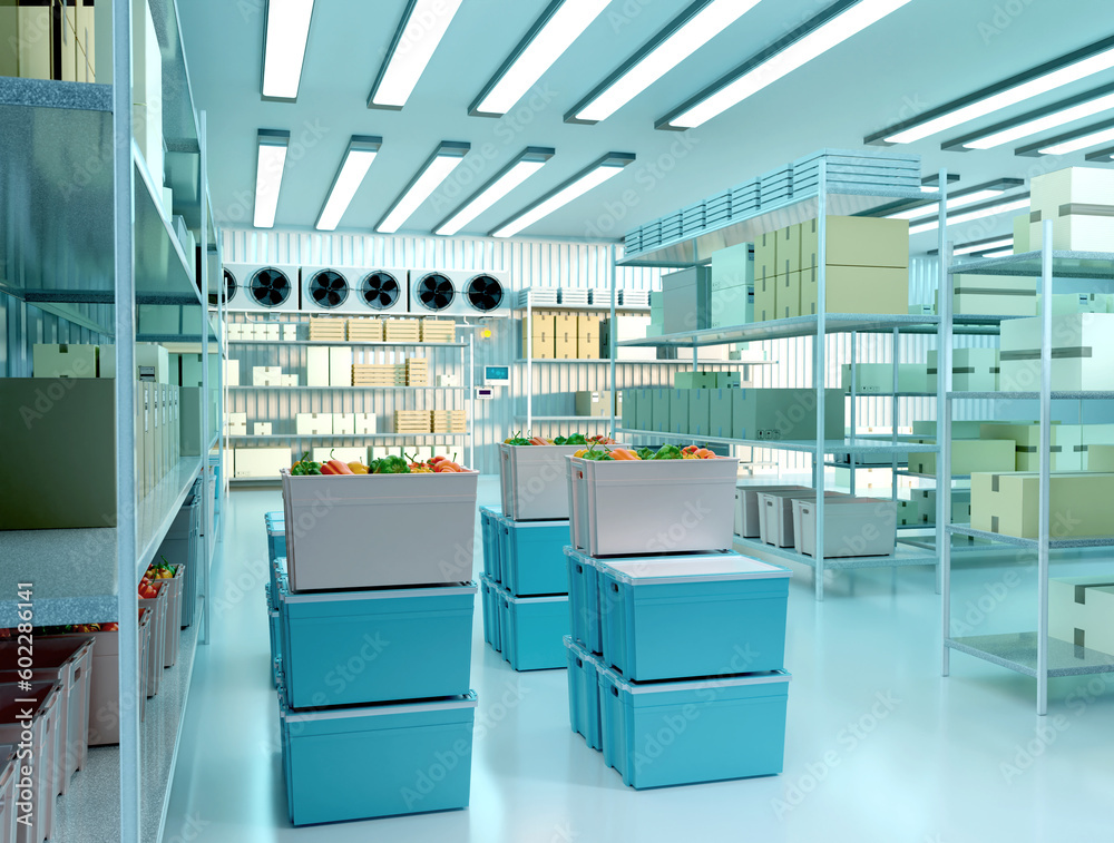 Industrial freezer. Cold warehouse. Freezer container with vegetables ...
