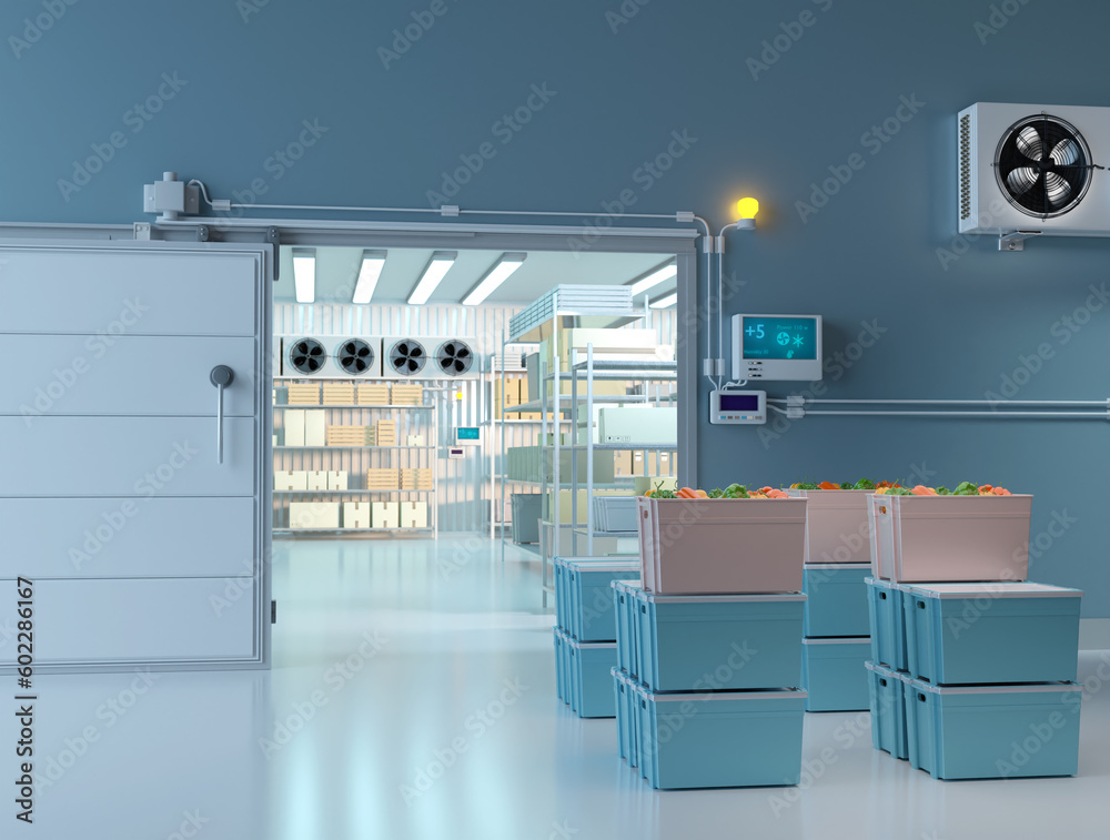 Refrigeration warehouse interior. Boxes with vegetables near entrance ...